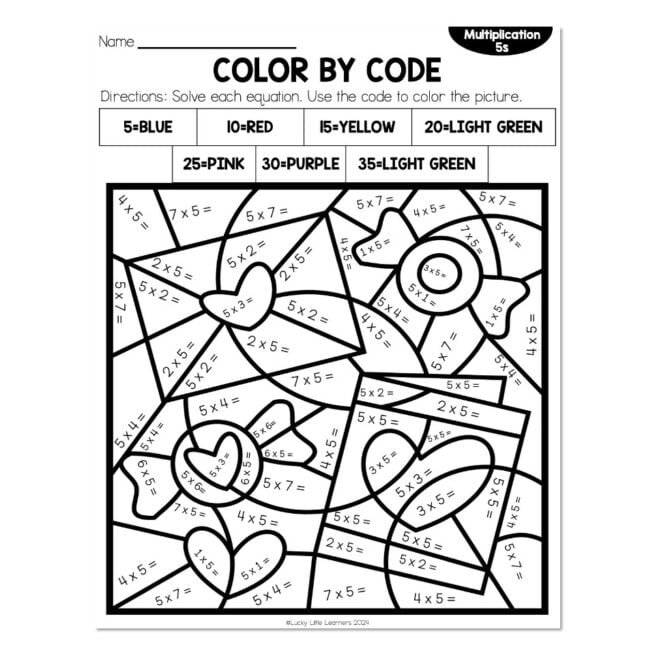 Multiplication by 5 Valentine's Day Color by Code - Valentines and ...