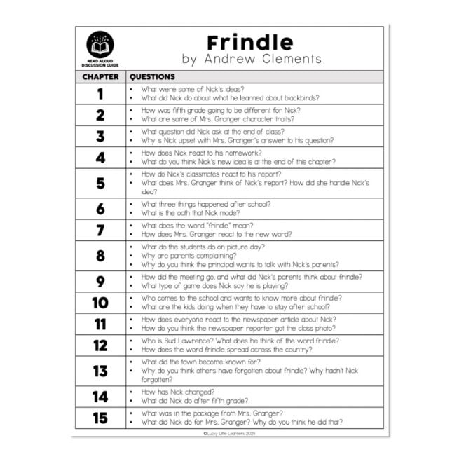 Read Aloud Chapter Book Companion – Comprehension Discussion Questions ...