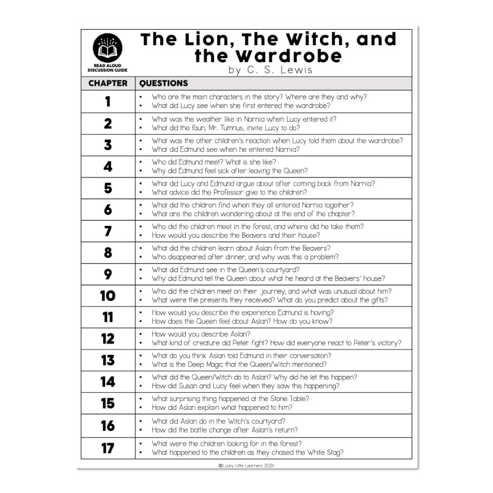 Read Aloud Chapter Book Companion – Comprehension Discussion Questions – The Lion The Witch and ...