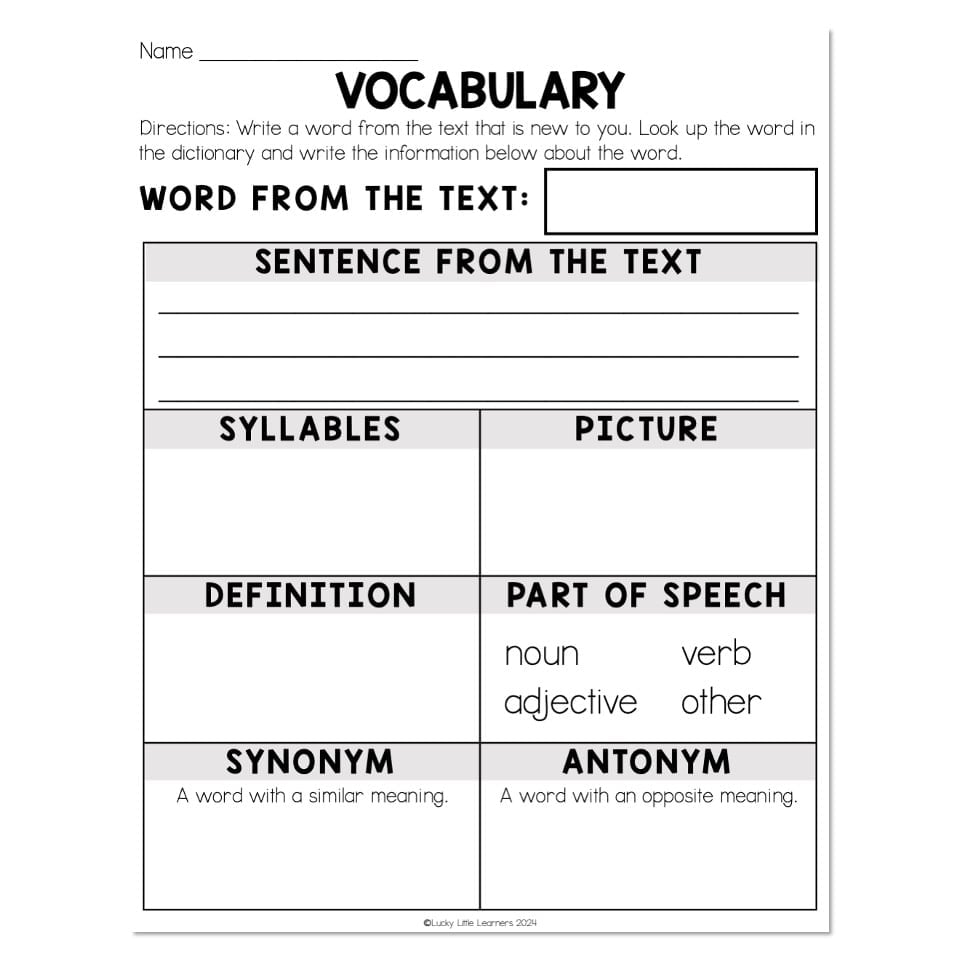 Read Aloud Chapter Book Companion - Graphic Organizer - Vocabulary Word ...