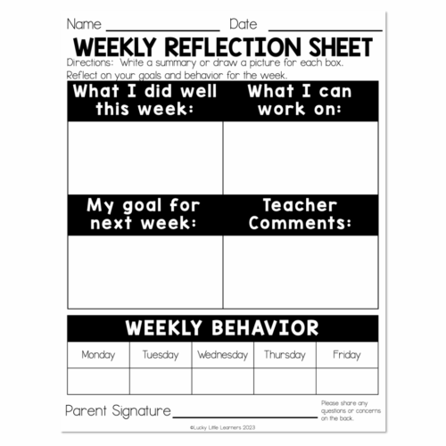 Weekly Student Reflection Sheet - Lucky Little Learners