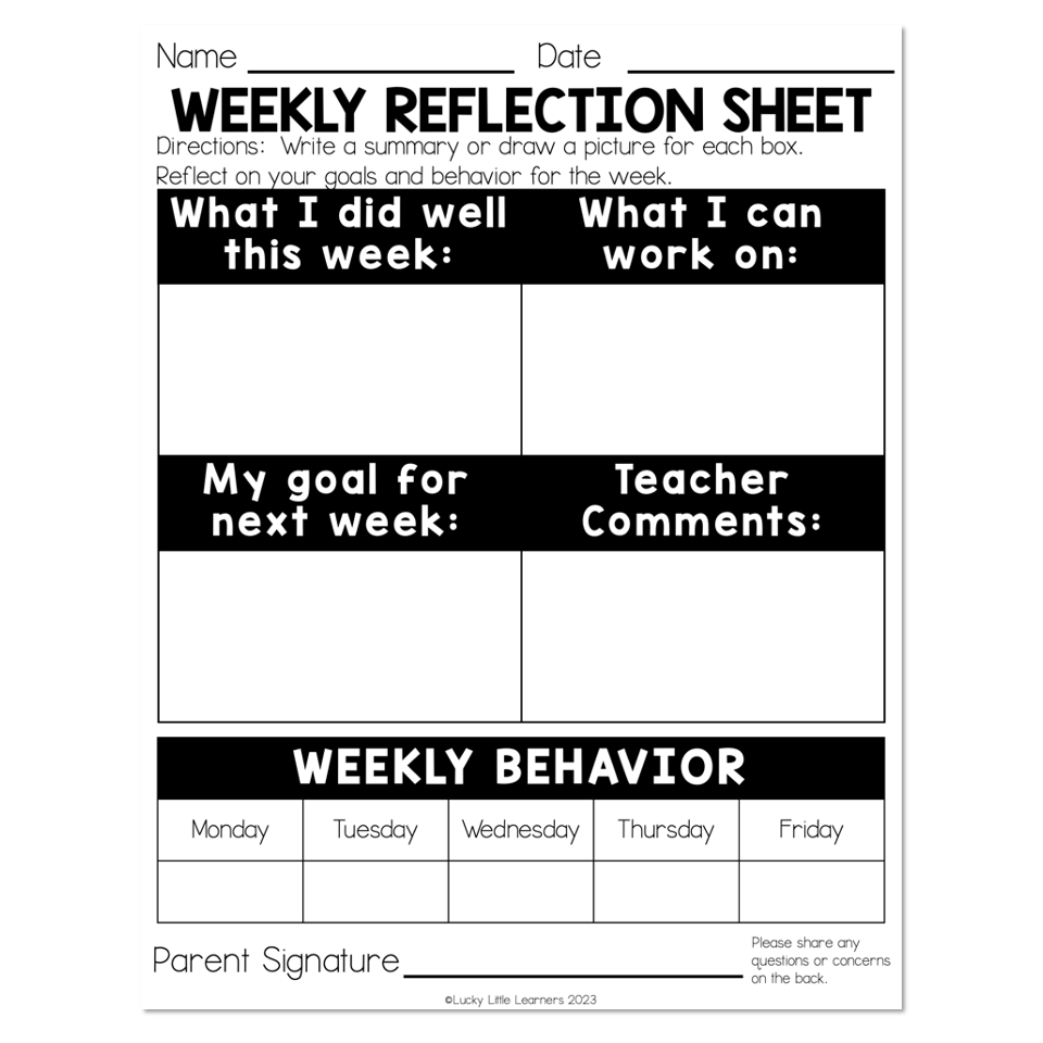 Weekly Student Reflection Sheet - Lucky Little Learners