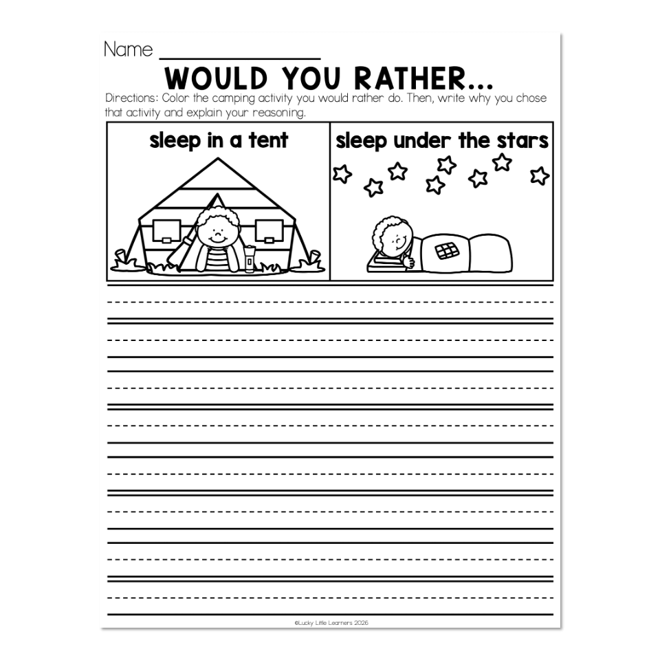 Camp Read a Lot - Writing Prompt - Would You Rather - Sleep in a Tent ...