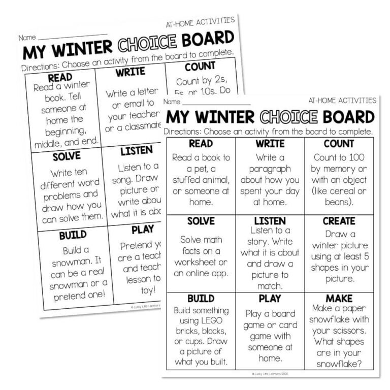 Choice Boards - Winter Choice Board - At Home Activities - Lucky Little ...