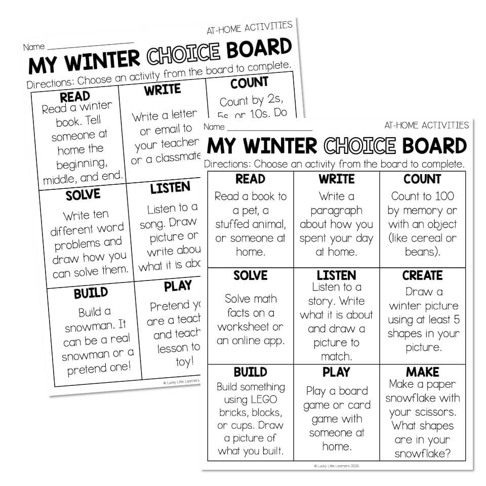 Choice Boards - Winter Choice Board - At Home Activities - Lucky Little ...