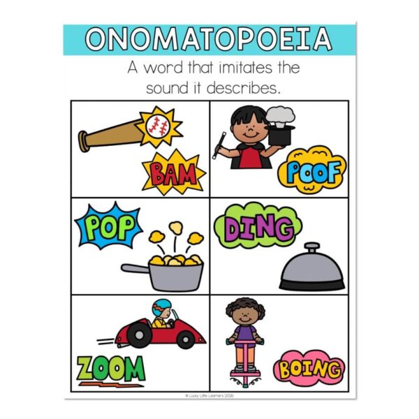 Figurative Language and Vocabulary - Onomatopoeia Anchor Chart - Lucky ...