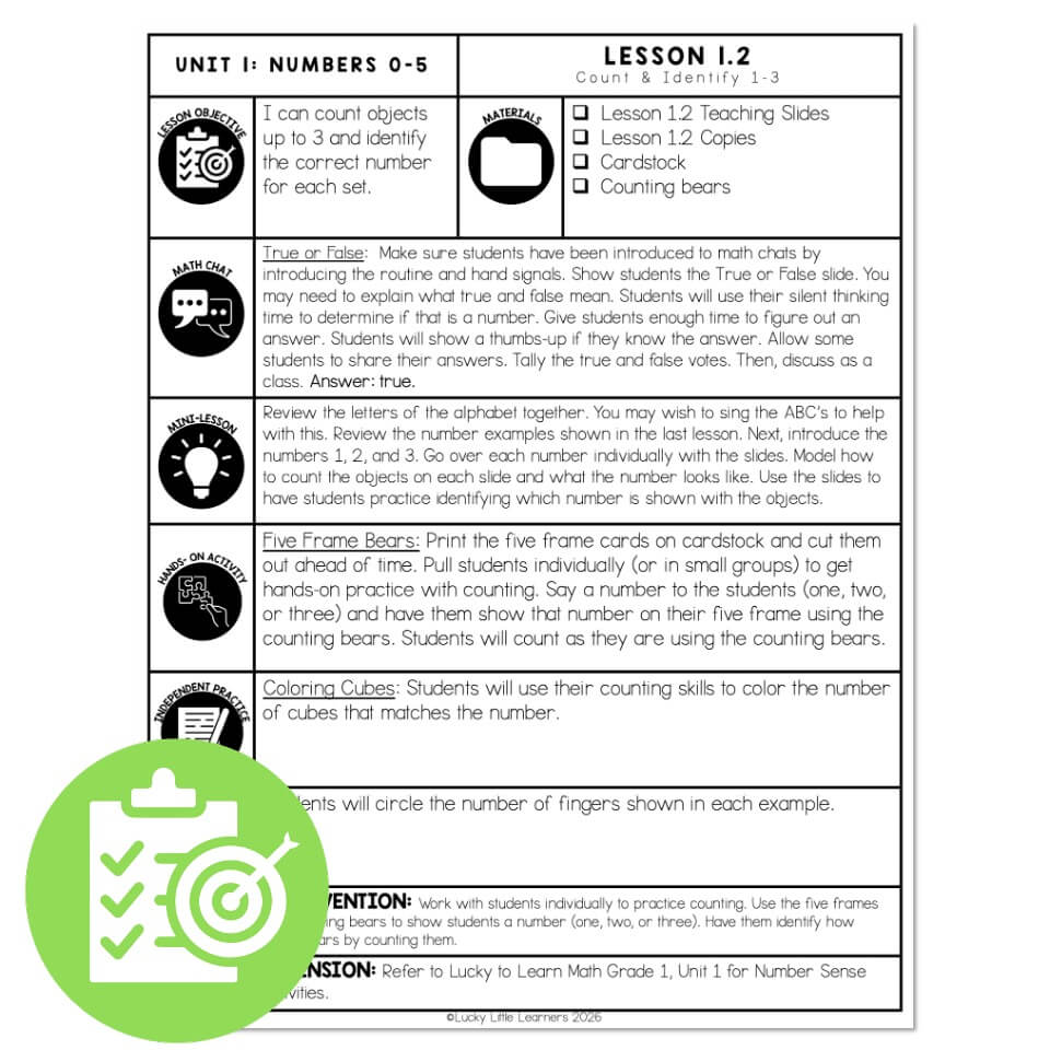 Lucky to Learn Math - Kindergarten - Lesson 1.2 - Count and Identify 1 ...
