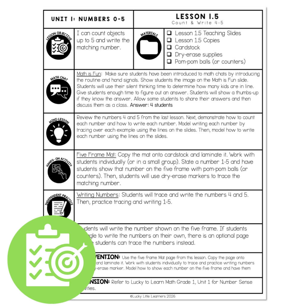 Lucky to Learn Math - Kindergarten - Lesson 1.5 - Count and Write 4-5 ...