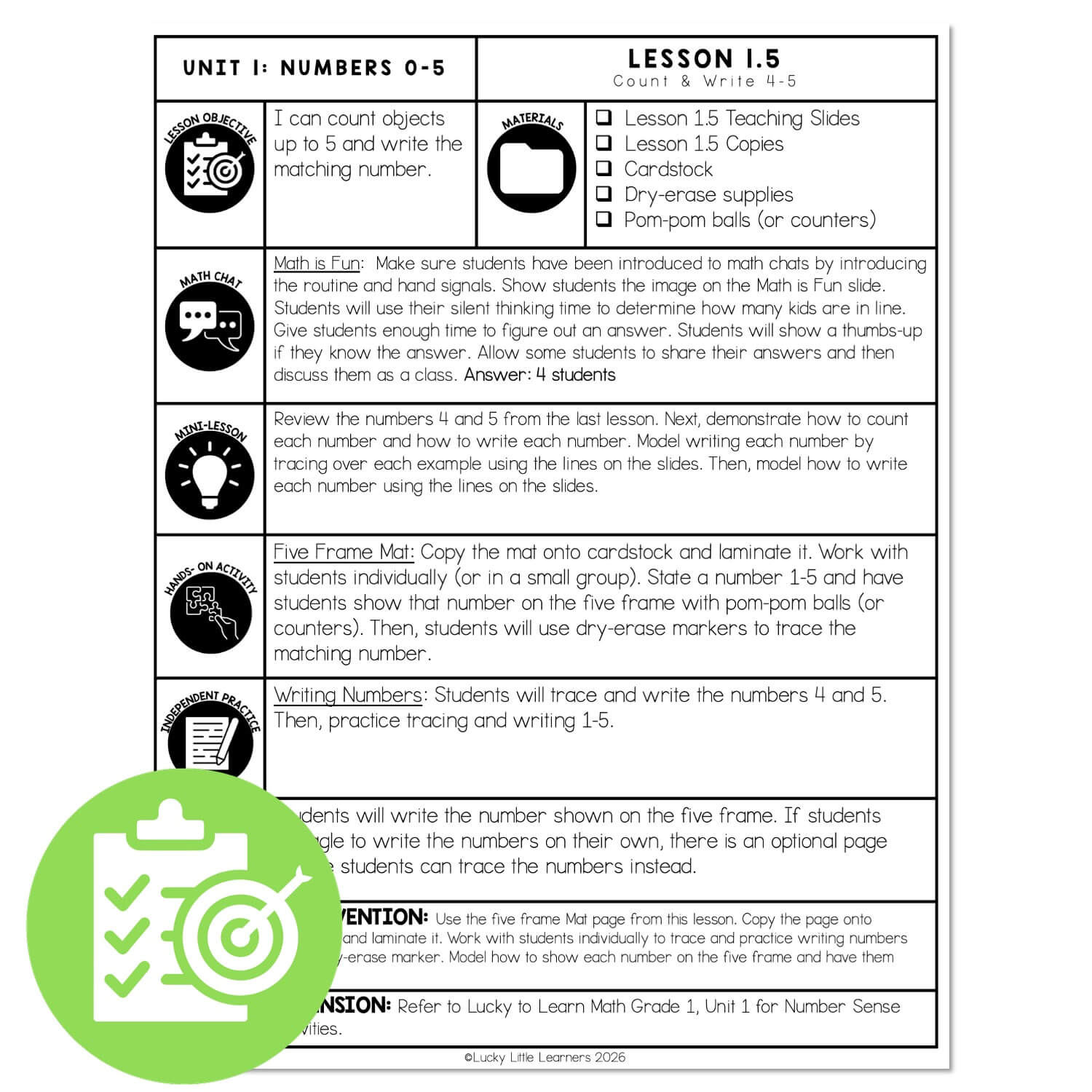 Lucky to Learn Math - Kindergarten - Lesson 1.5 - Count and Write 4-5 ...