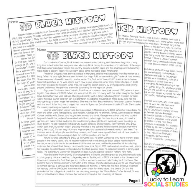 Lucky to Learn Social Studies - Black History - Reading Passage Article ...