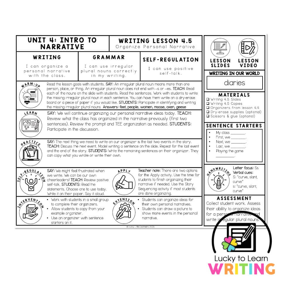 Lucky to Learn Writing 1st Grade - Unit 4 Intro to Narrative - Writing ...