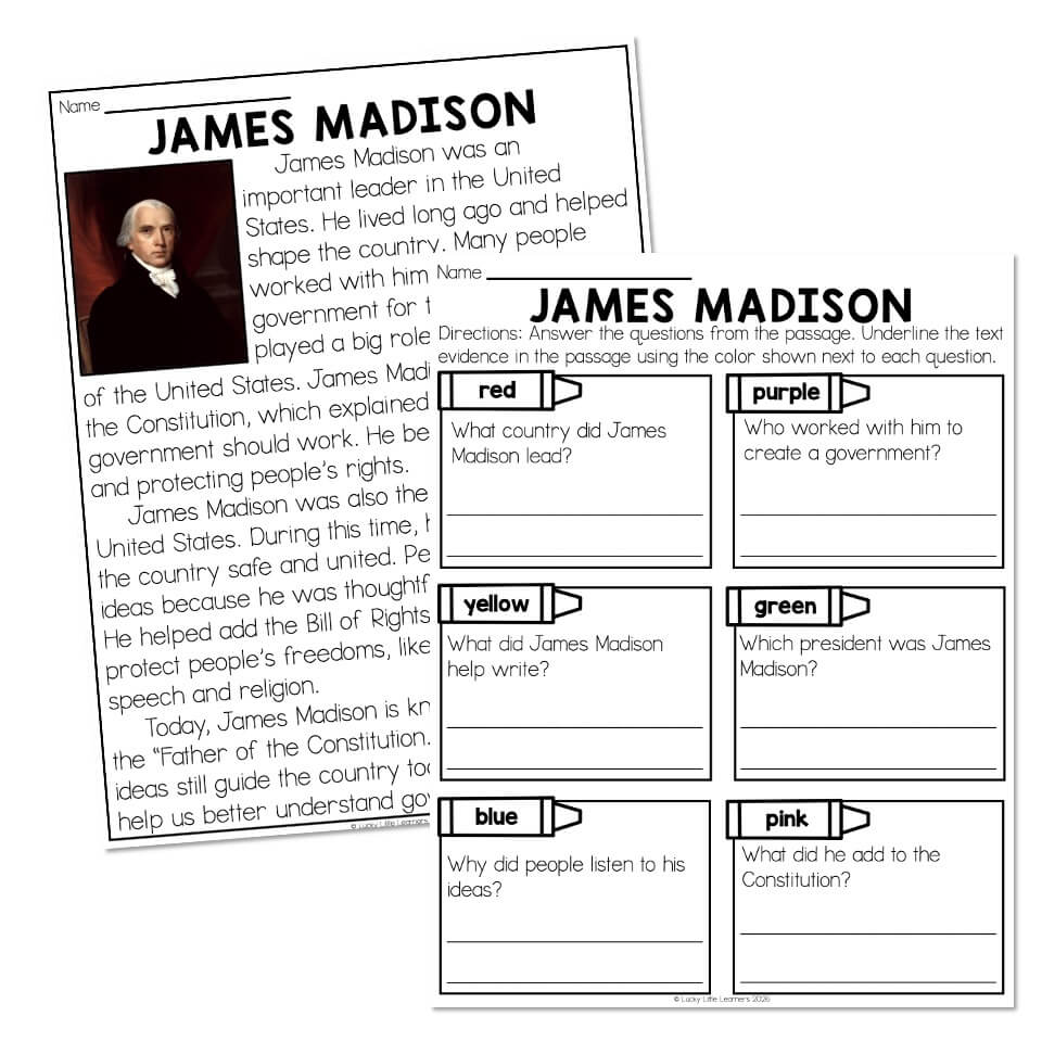 Nonfiction Reading Passage - Biography - James Madison - Lucky Little ...