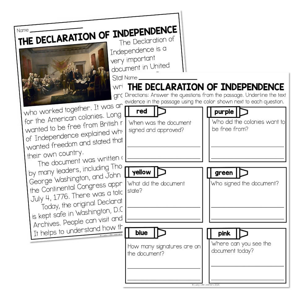 Nonfiction Reading Passage - Declaration of Independence - Lucky Little ...