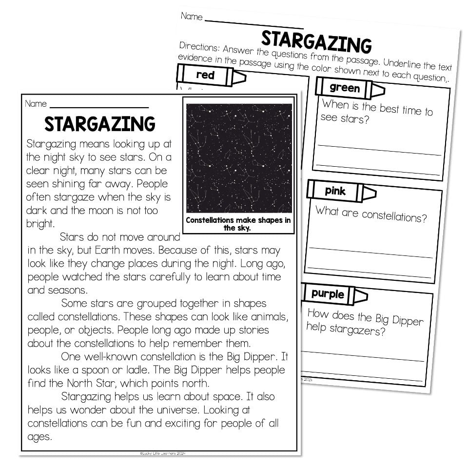 Reading Passage – Nonfiction Text Evidence – Stargazing - Lucky Little ...