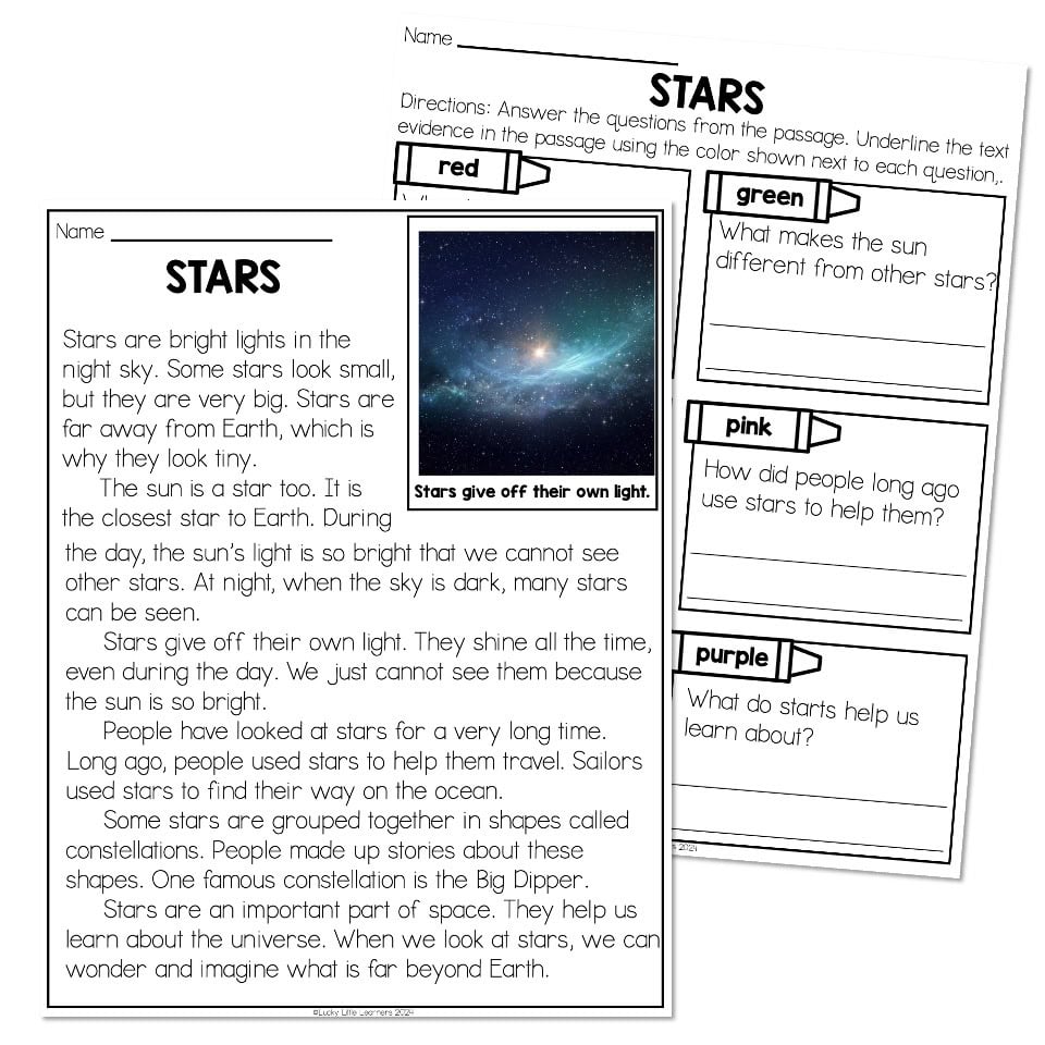 Reading Passage – Nonfiction Text Evidence – Stars - Lucky Little Learners