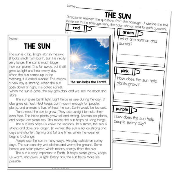 Reading Passage – Nonfiction Text Evidence – The Sun - Lucky Little ...