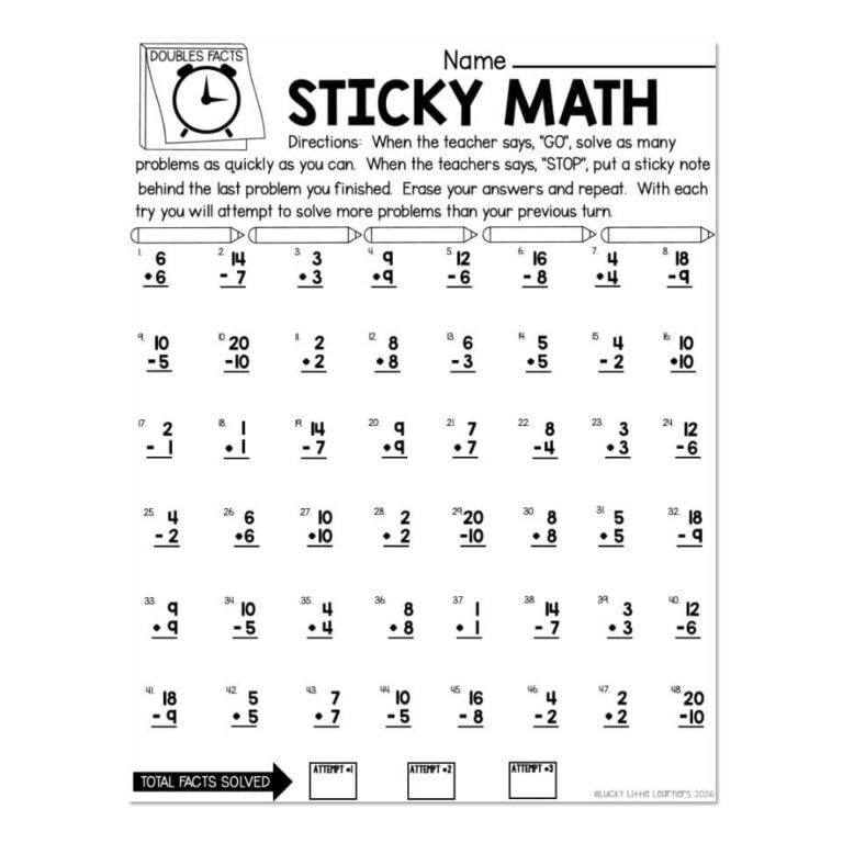 Sticky Math Fact Practice - Addition and Subtraction - Doubles - Lucky ...