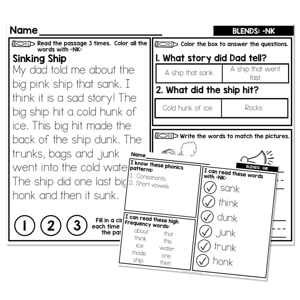 1st Grade Decodable Phonics Passage - Ending Blends - NK - Lucky Little ...