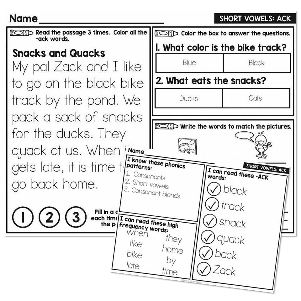 1st Grade Decodable Phonics Passage - Short Vowels - ACK - Lucky Little ...