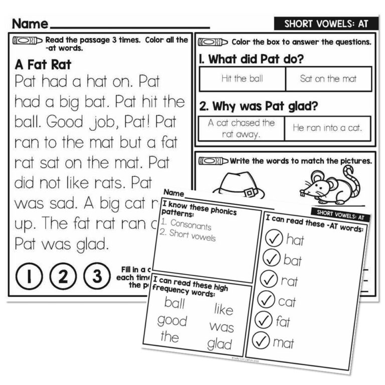 1st Grade Decodable Phonics Passage - Short Vowels - AT - Lucky Little ...
