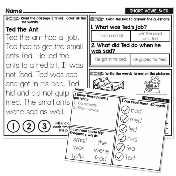 1st Grade Decodable Phonics Passage - Short Vowels - ED - Lucky Little ...