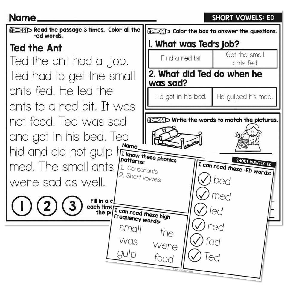 1st Grade Decodable Phonics Passage - Short Vowels - ED - Lucky Little ...