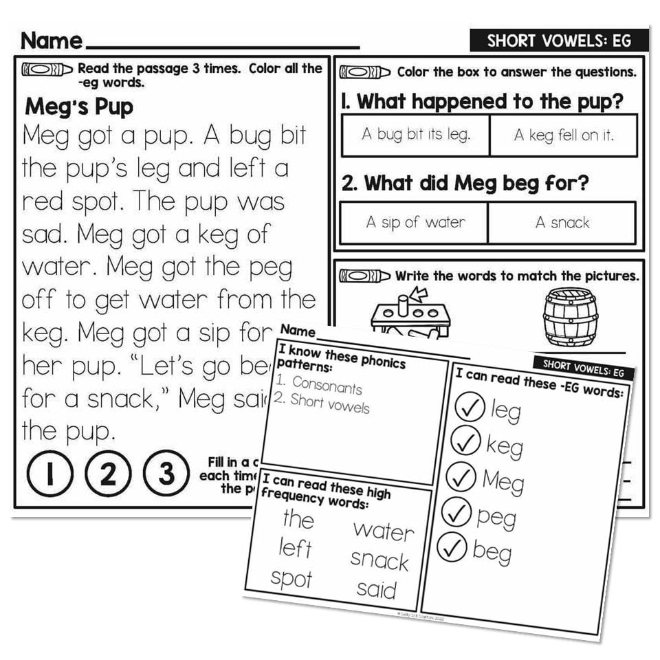 1st Grade Decodable Phonics Passage - Short Vowels - EG - Lucky Little ...