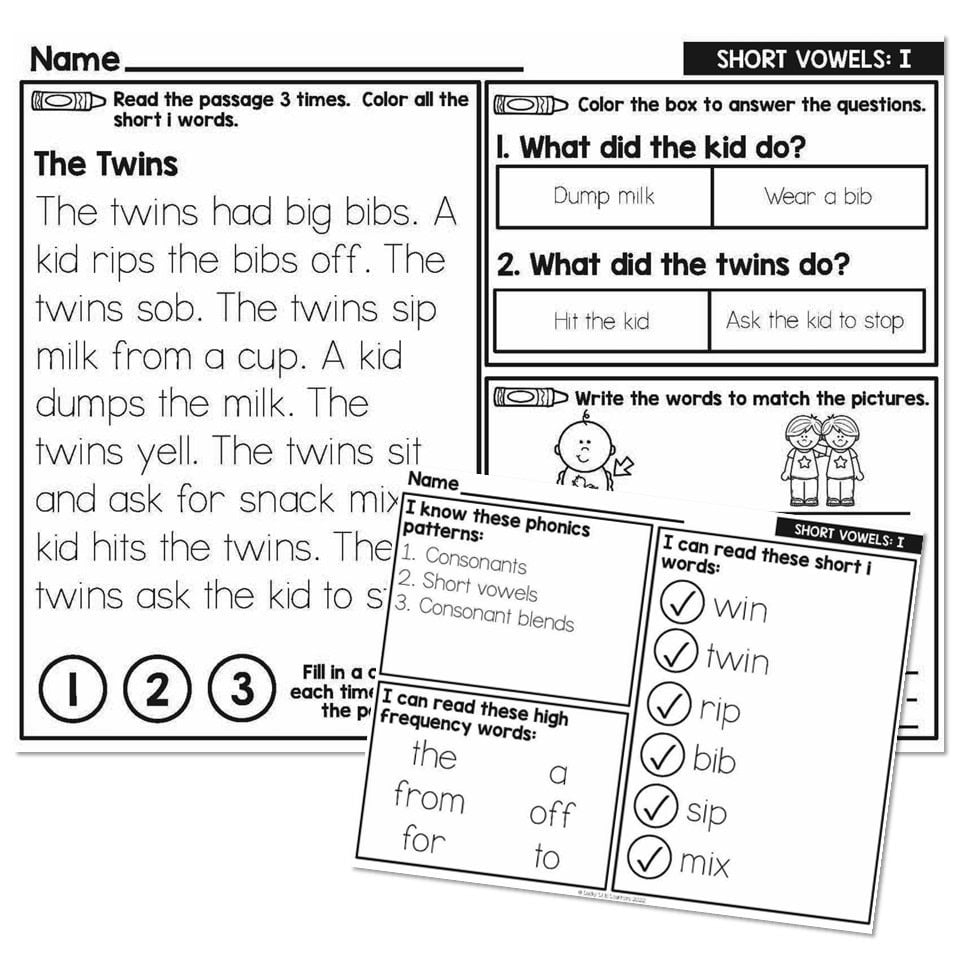 1st Grade Decodable Phonics Passage - Short Vowels - I - Lucky Little ...