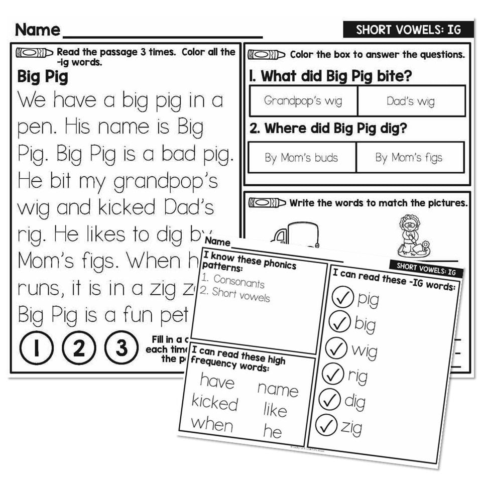 1st Grade Decodable Phonics Passage - Short Vowels - IG - Lucky Little ...