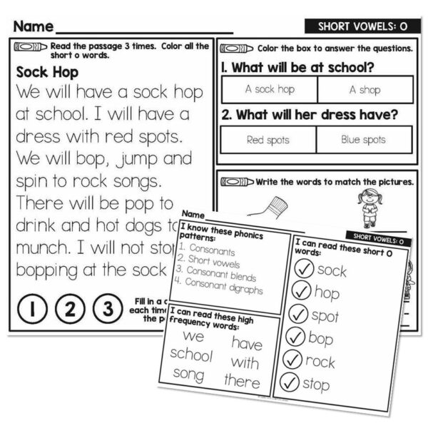 1st Grade Decodable Phonics Passage - Short Vowels - O - Lucky Little ...