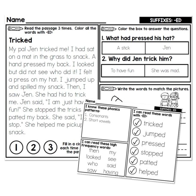 1st Grade Decodable Phonics Passage - Suffixes - ED - Lucky Little Learners