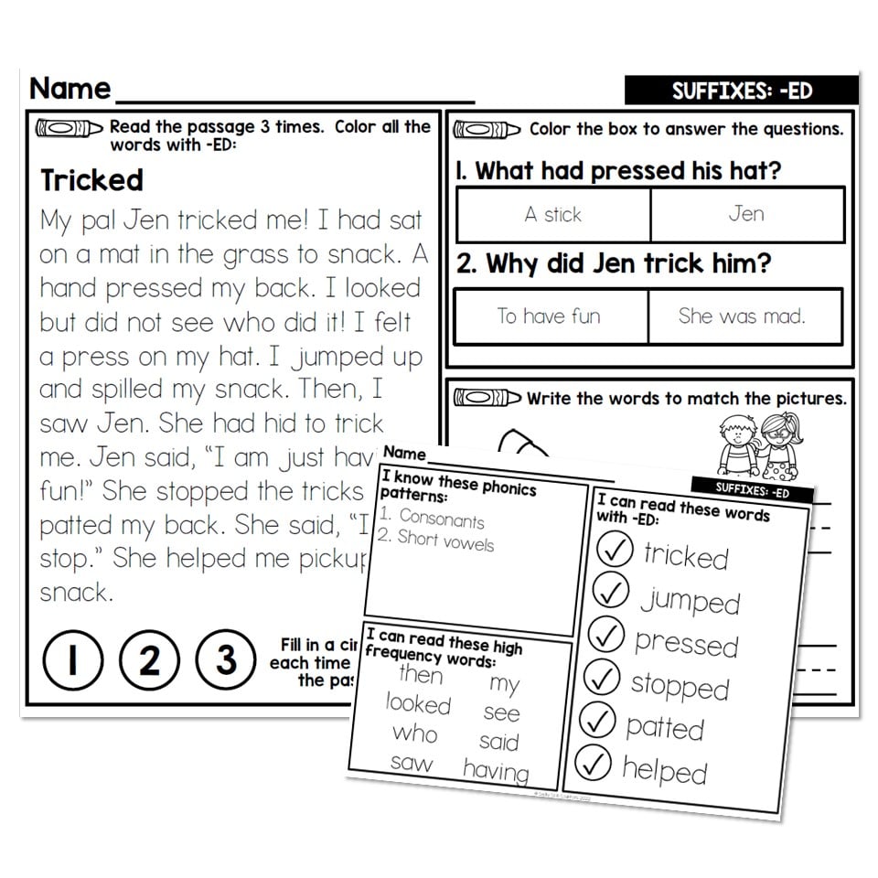 1st Grade Decodable Phonics Passage - Suffixes - ED - Lucky Little Learners