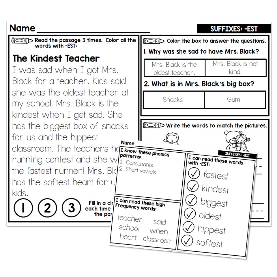 1st Grade Decodable Phonics Passage - Suffixes - EST - Lucky Little ...