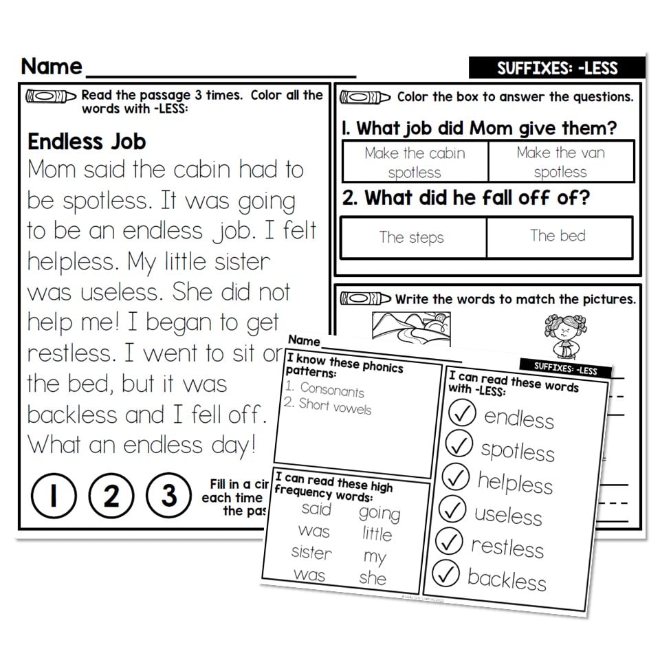 1st Grade Decodable Phonics Passage - Suffixes - LESS - Lucky Little ...