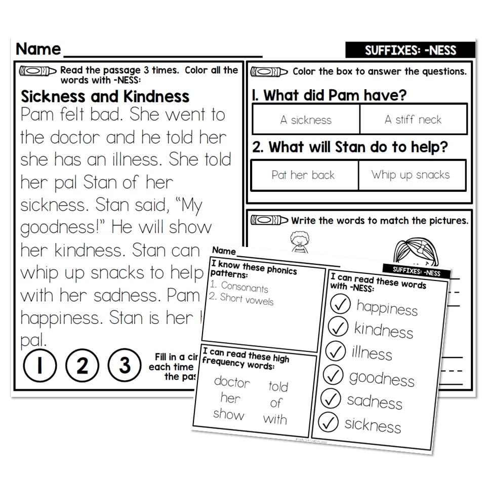 1st Grade Decodable Phonics Passage - Suffixes - NESS - Lucky Little ...