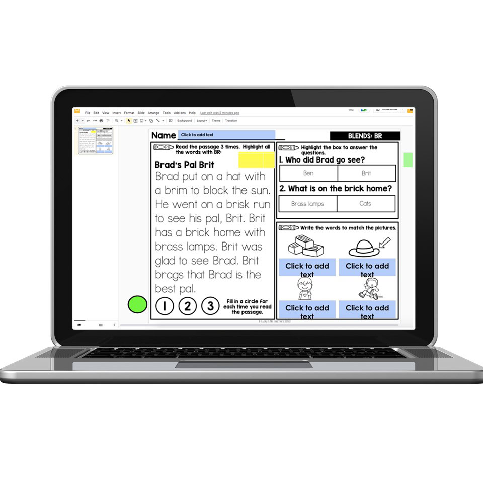 Digital 1st Grade Decodable Phonics Passage - Blends - BR - Lucky ...