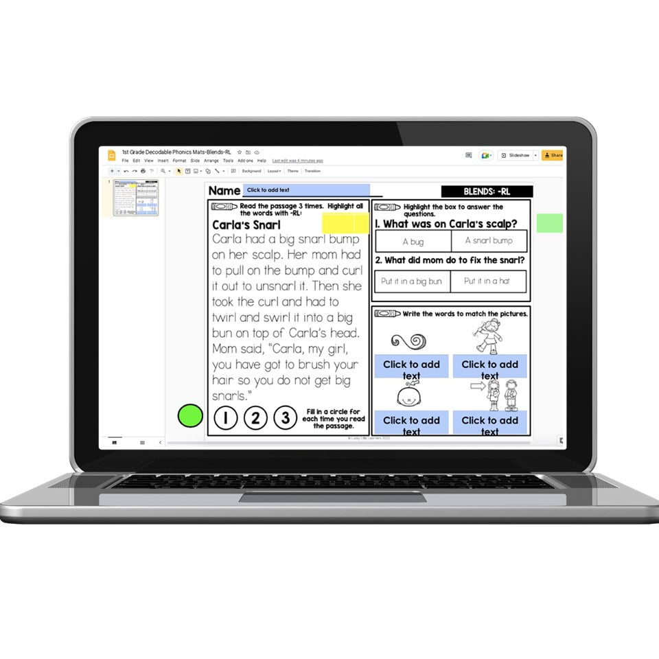 Digital 1st Grade Decodable Phonics Passage - Blends - RL - Lucky ...