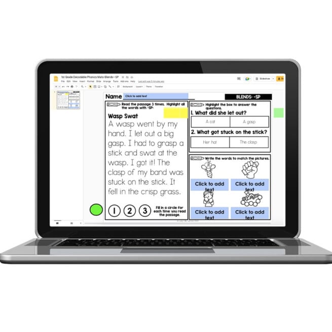Digital 1st Grade Decodable Phonics Passage - Blends - SP Ending ...