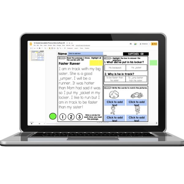 Digital 1st Grade Decodable Phonics Passage - Suffixes - ER - Lucky ...