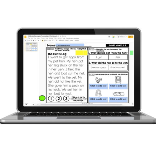 Digital 1st Grade Decodable Phonics Passages - Short Vowels - E - Lucky ...