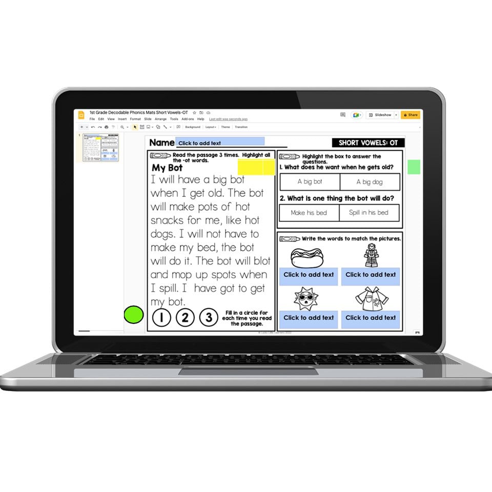 Digital 1st Grade Decodable Phonics Passages - Short Vowels - OT ...