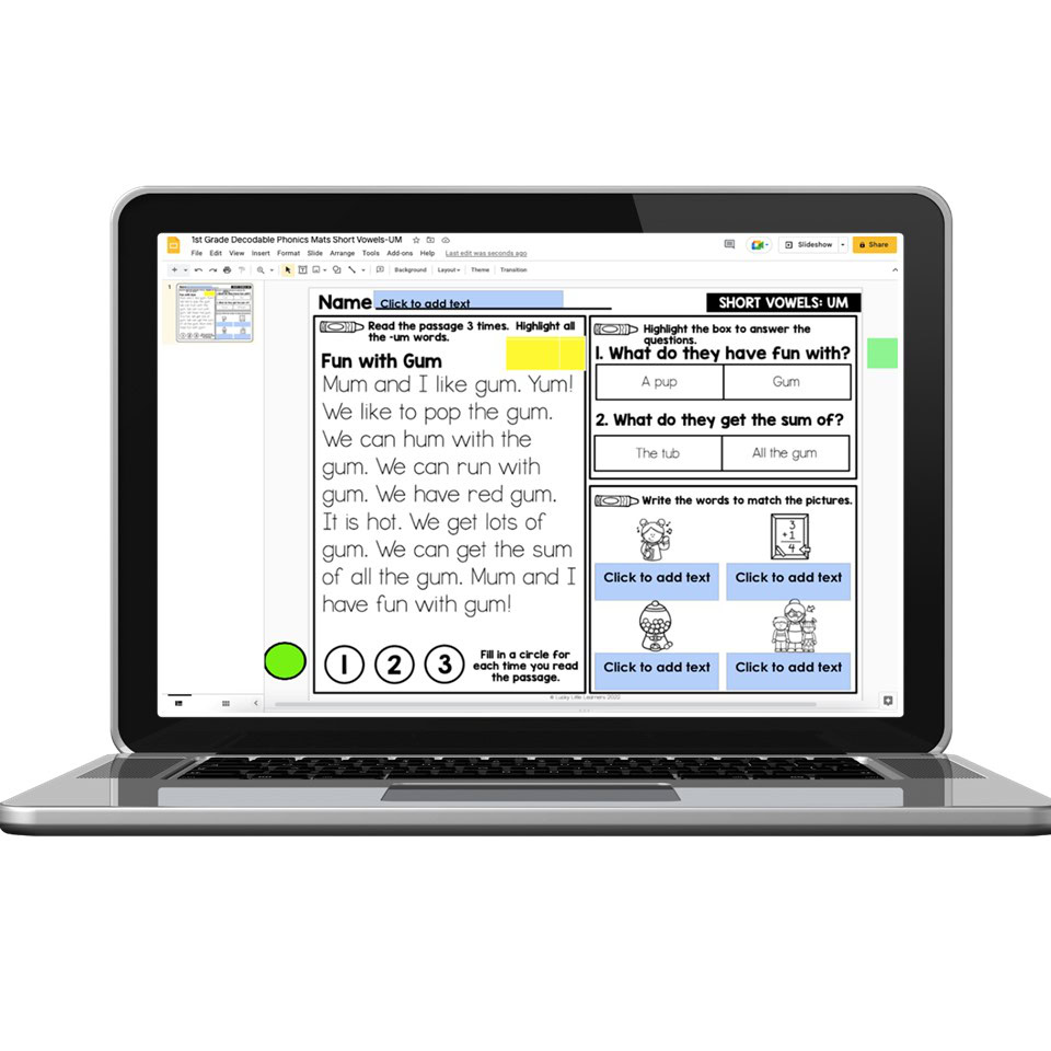 Digital 1st Grade Decodable Phonics Passages - Short Vowels - UM ...