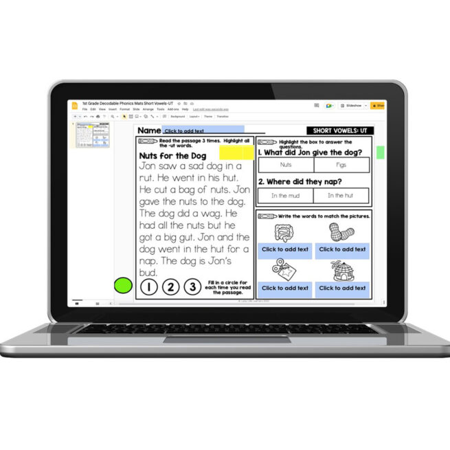 Digital 1st Grade Decodable Phonics Passages - Short Vowels - UT ...
