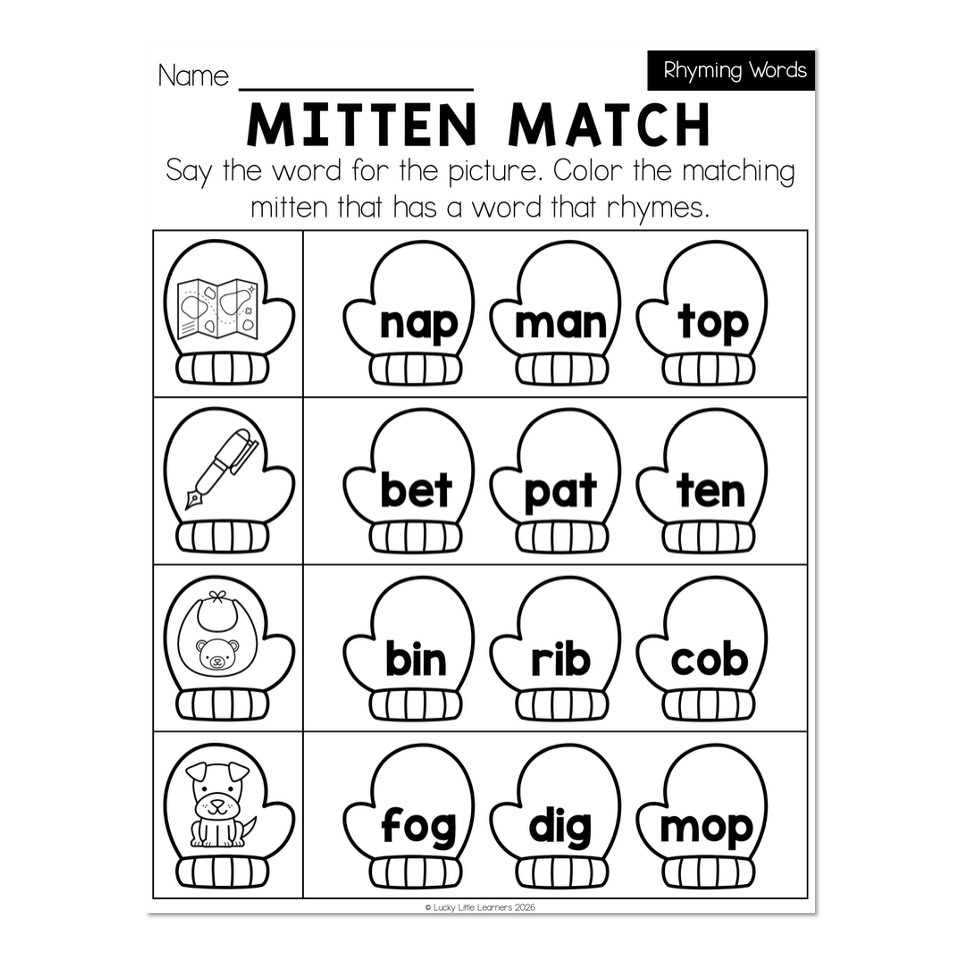 Kindergarten Monthly Worksheets – January Rhyming – Rhyming Words ...