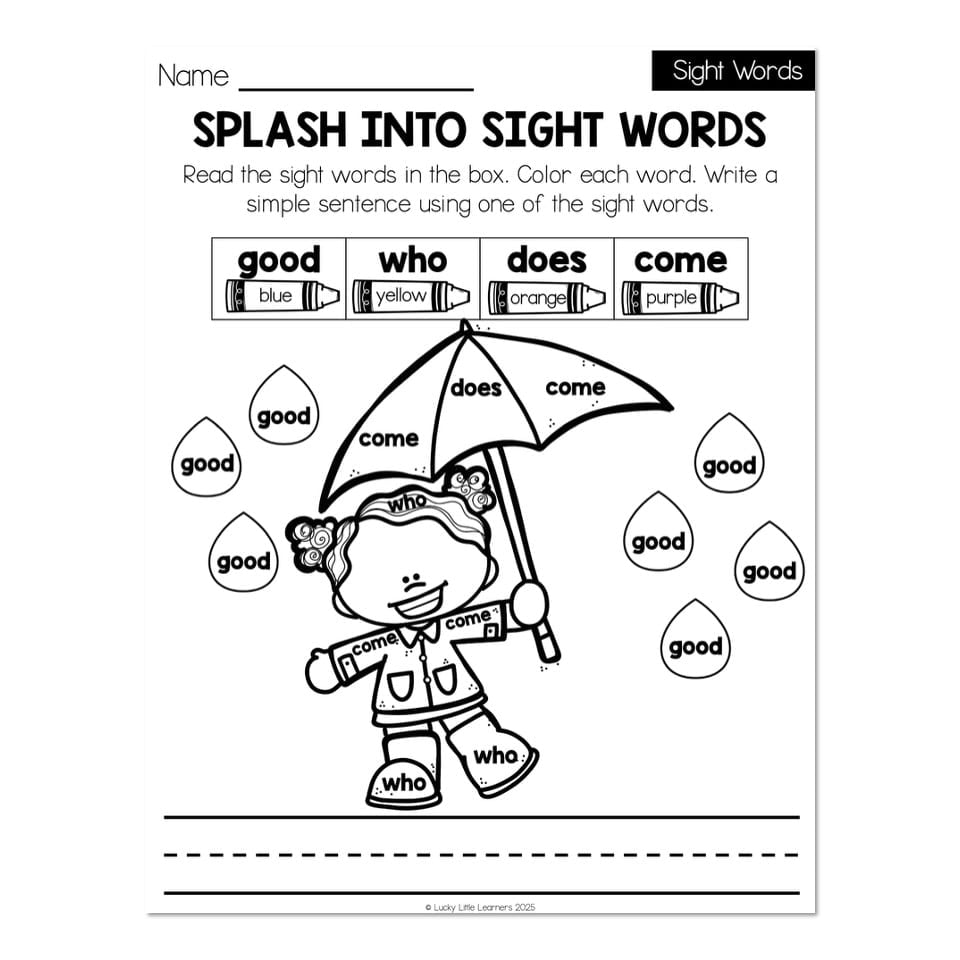 Kindergarten Monthly Worksheets - April Sight Words - Splash Into Sight ...