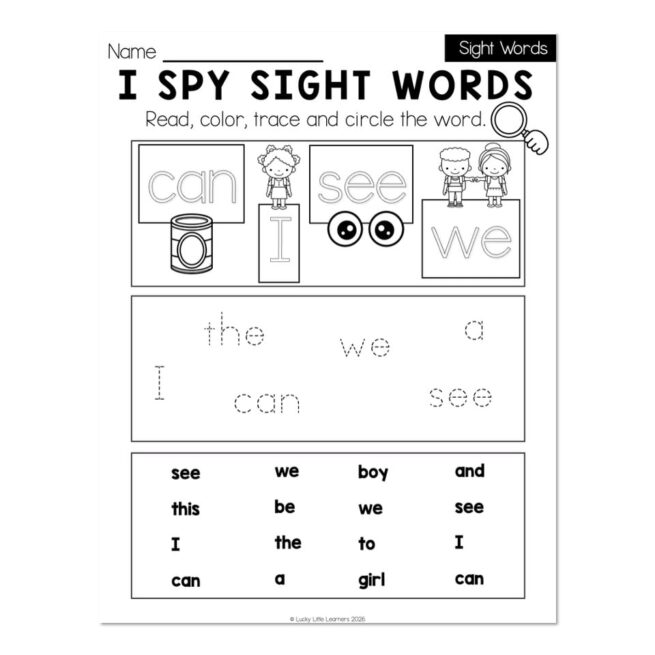 Kindergarten Monthly Worksheets - August Sight Words - I Spy Sight ...