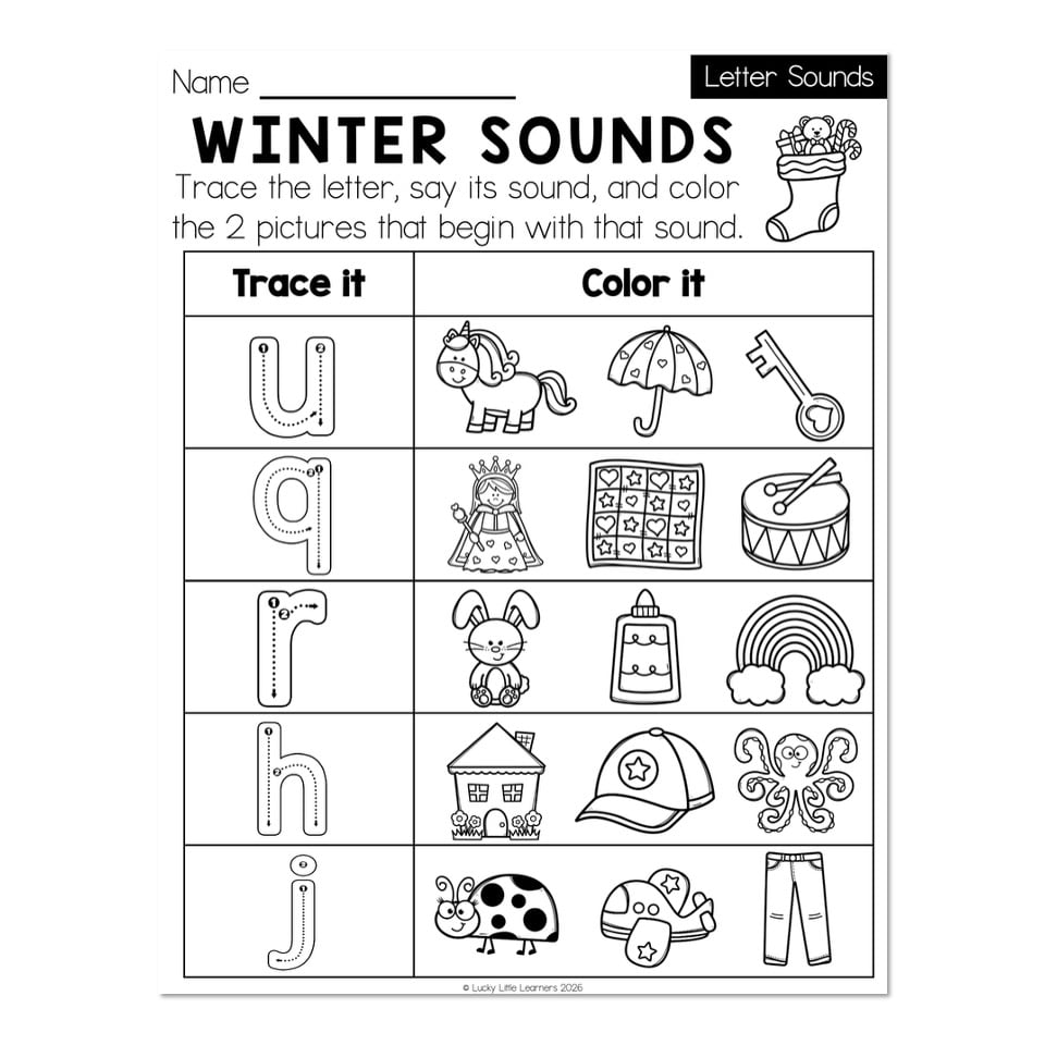 Kindergarten Monthly Worksheets - December Letter Sounds - Winter ...