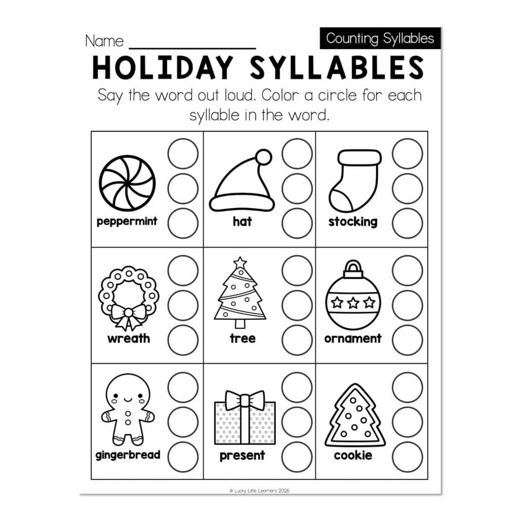 Kindergarten Monthly Worksheets - December Syllables - Holiday ...