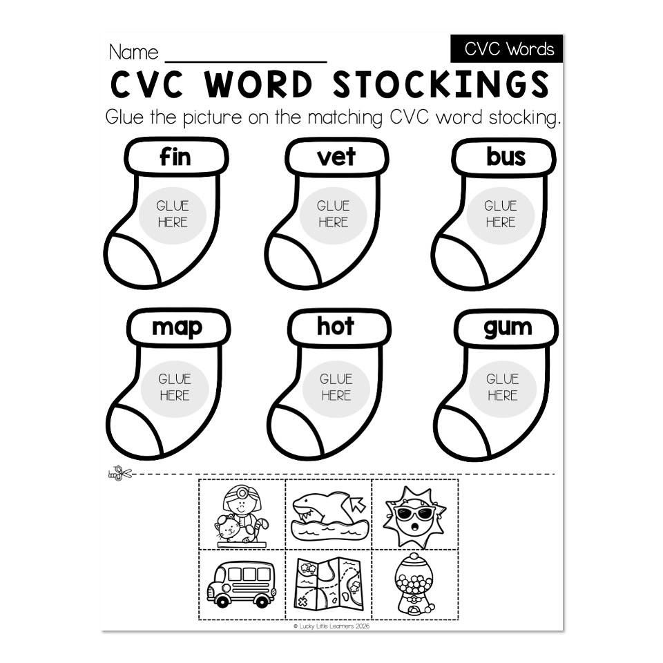 Kindergarten Monthly Worksheets - December Word Reading - CVC Words ...