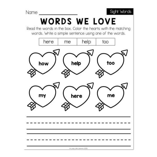Kindergarten Monthly Worksheets - February Sight Words - Words We Love ...